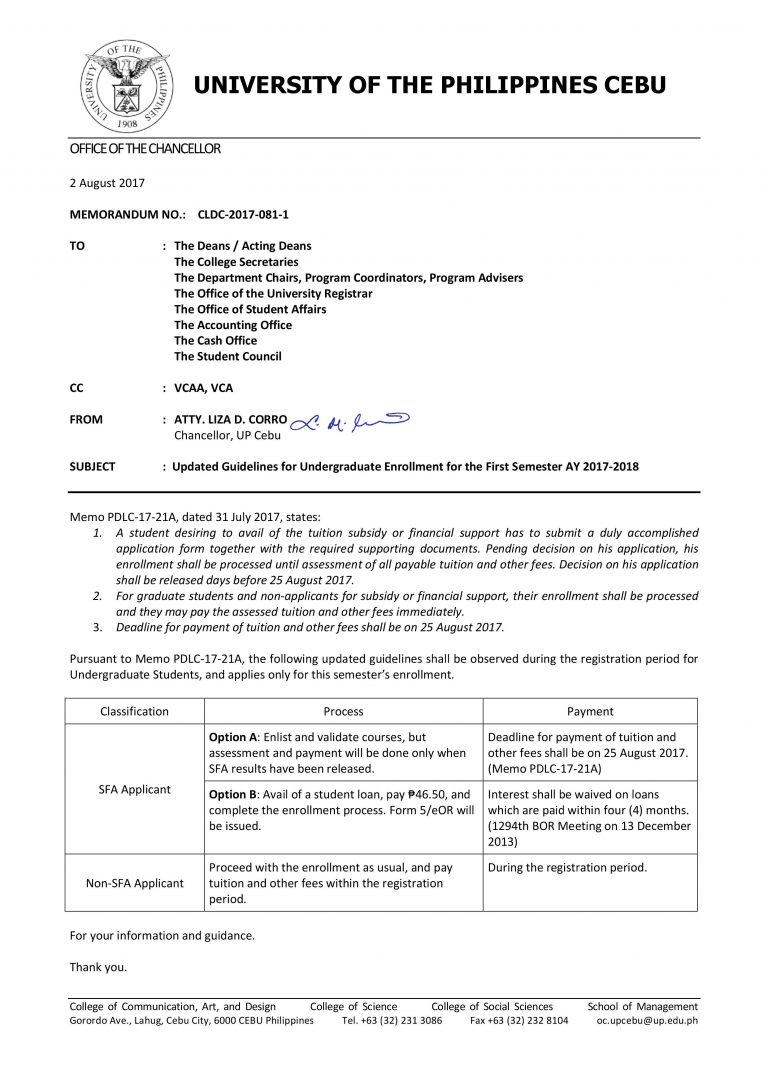 memo - Office of the University Registrar